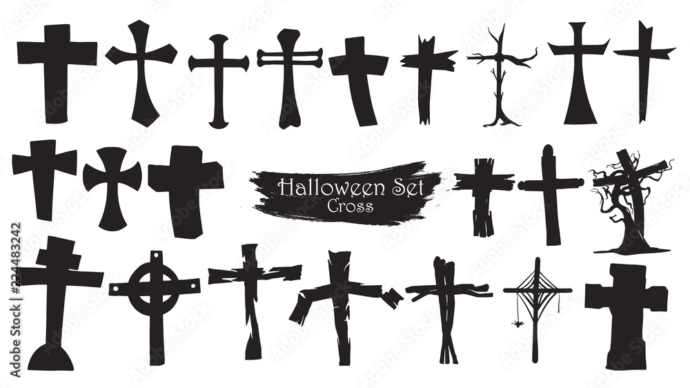 Spooky cross cemetery silhouette collection of Halloween vector ...