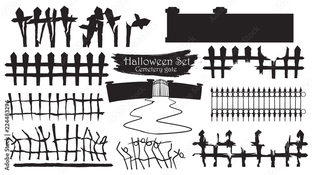 Spooky cemetery gate silhouette collection of Halloween vector isolated ...