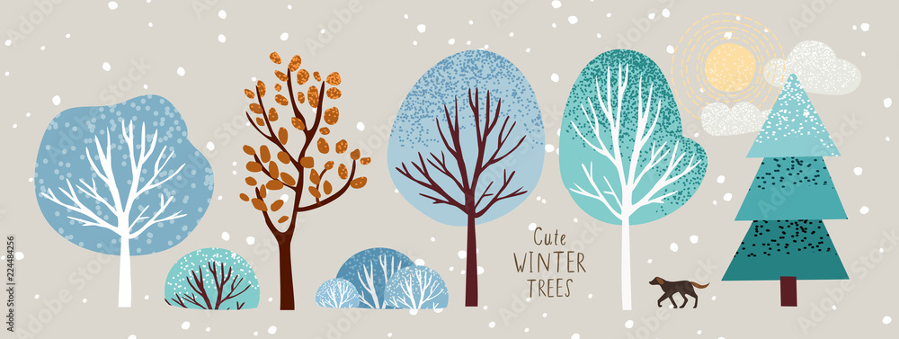 cute winter trees, vector isolated illustration of trees, leaves, fir ...