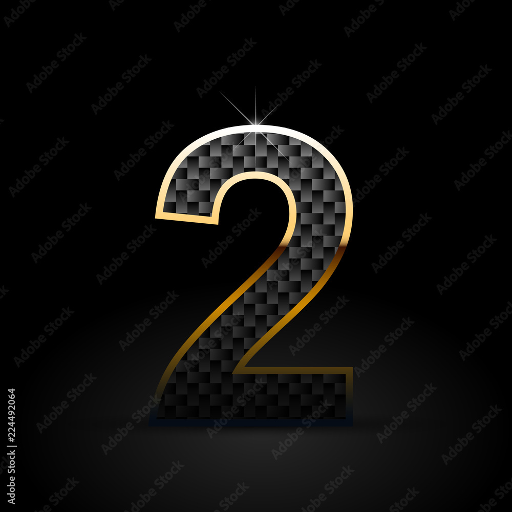 Black carbon fiber number 2 with gold outline isolated on black ...