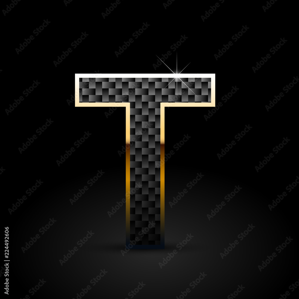 Black carbon fiber letter T uppercase with gold outline isolated on ...