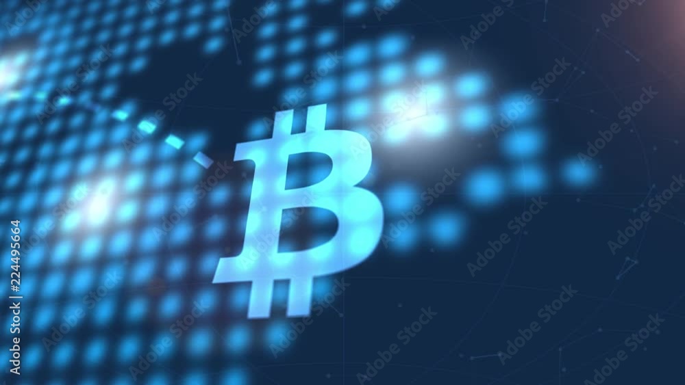 bitcoin cryptocurrency icon animation blue digital world map technology ...