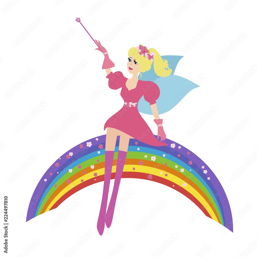 Cartoon Fairy with a magic wand sitting on the rainbow Stock Vector ...