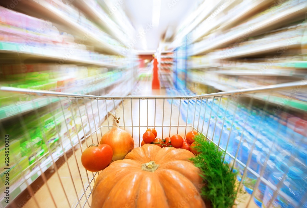 Inside View of Shopping Cart Full of Groceries with Motion Blur Stock ...