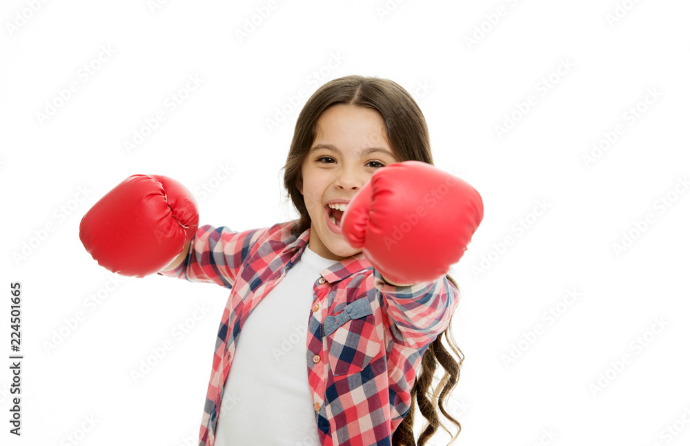 Girl power and feminism concept. Happy kid boxing in gloves isolated on ...