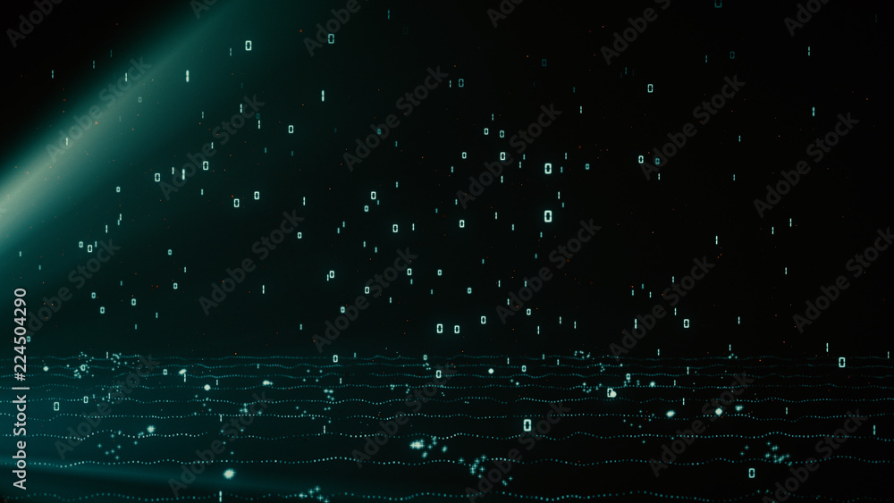Falling blue digital particles bounce. Bright glowing particles with ...