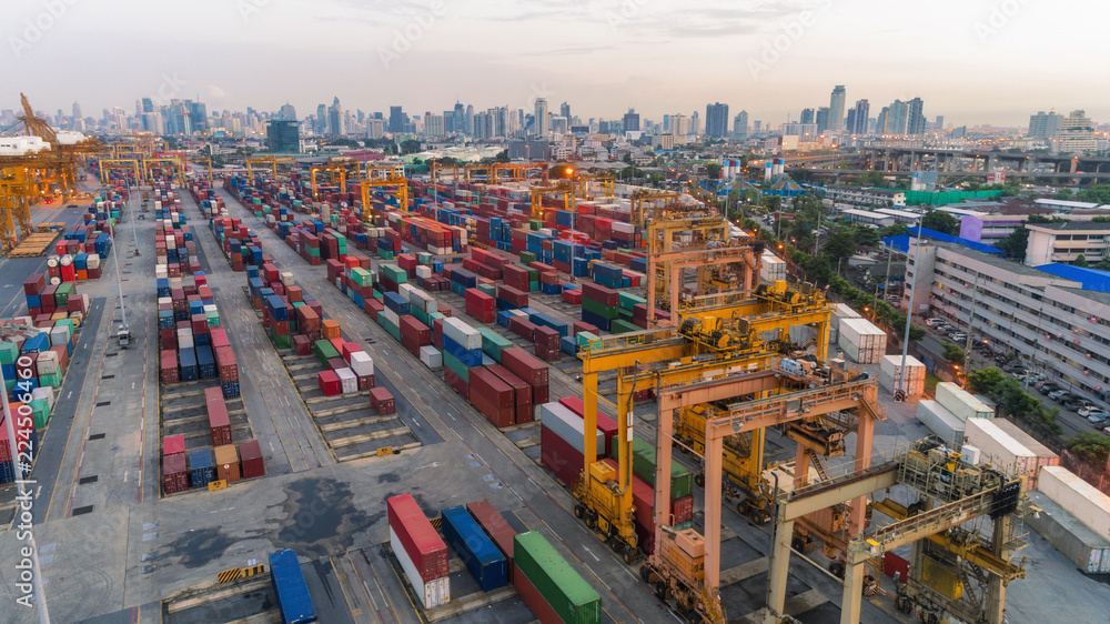 Container warehouse from sea port of ship container with downtown of ...