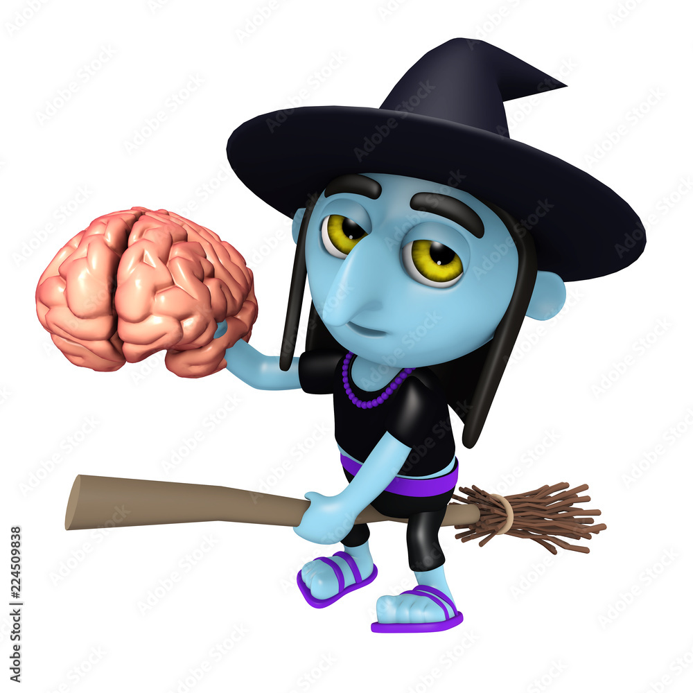 3d Funny cartoon Halloween witch flying on a broomstick and holding a ...