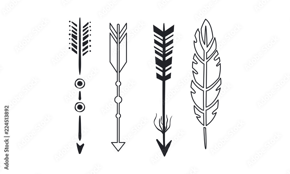 Tribal arrows set, black vintage arrows and feathers vector ...