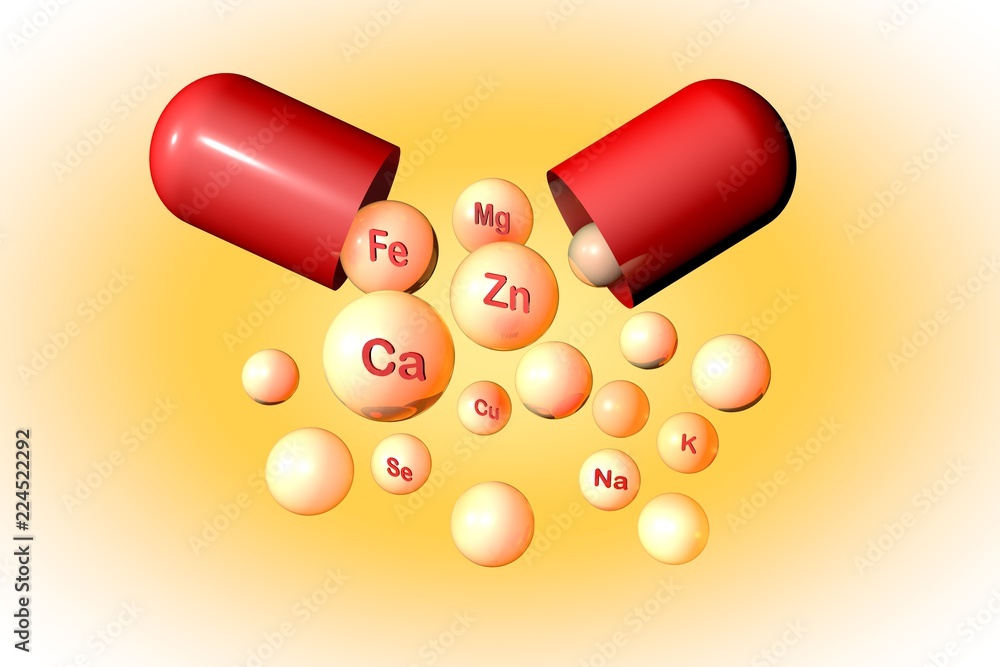 Open capsule with essential chemical minerals and microelements ...