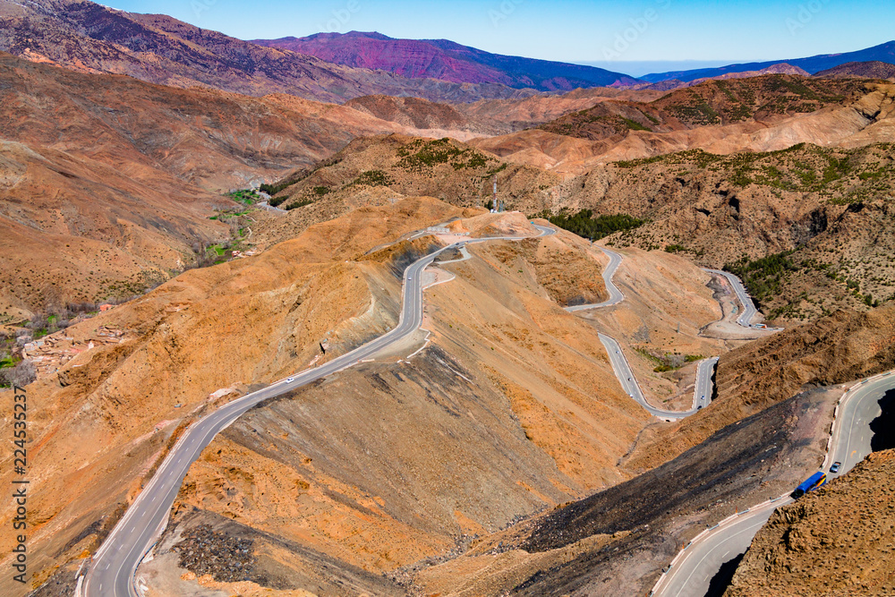 Atlas mountain range from Morocco. Road serpentine in the mountains ...
