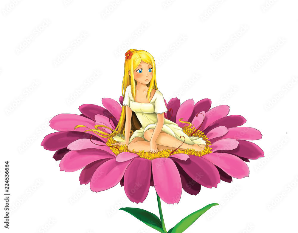 cartoon scene with beautiful young elf girl sitting on big flower on ...