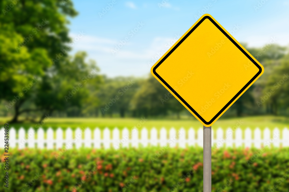Blank yellow road sign or Empty traffic signs on scenic view of the ...
