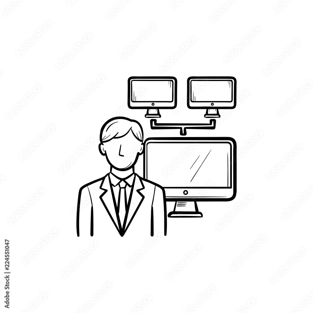 Businessman with computer network hand drawn outline doodle icon ...