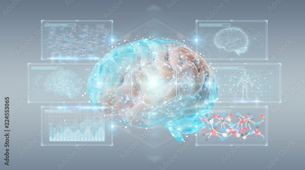 Digital 3D projection of a human brain 3D rendering Stock Illustration ...