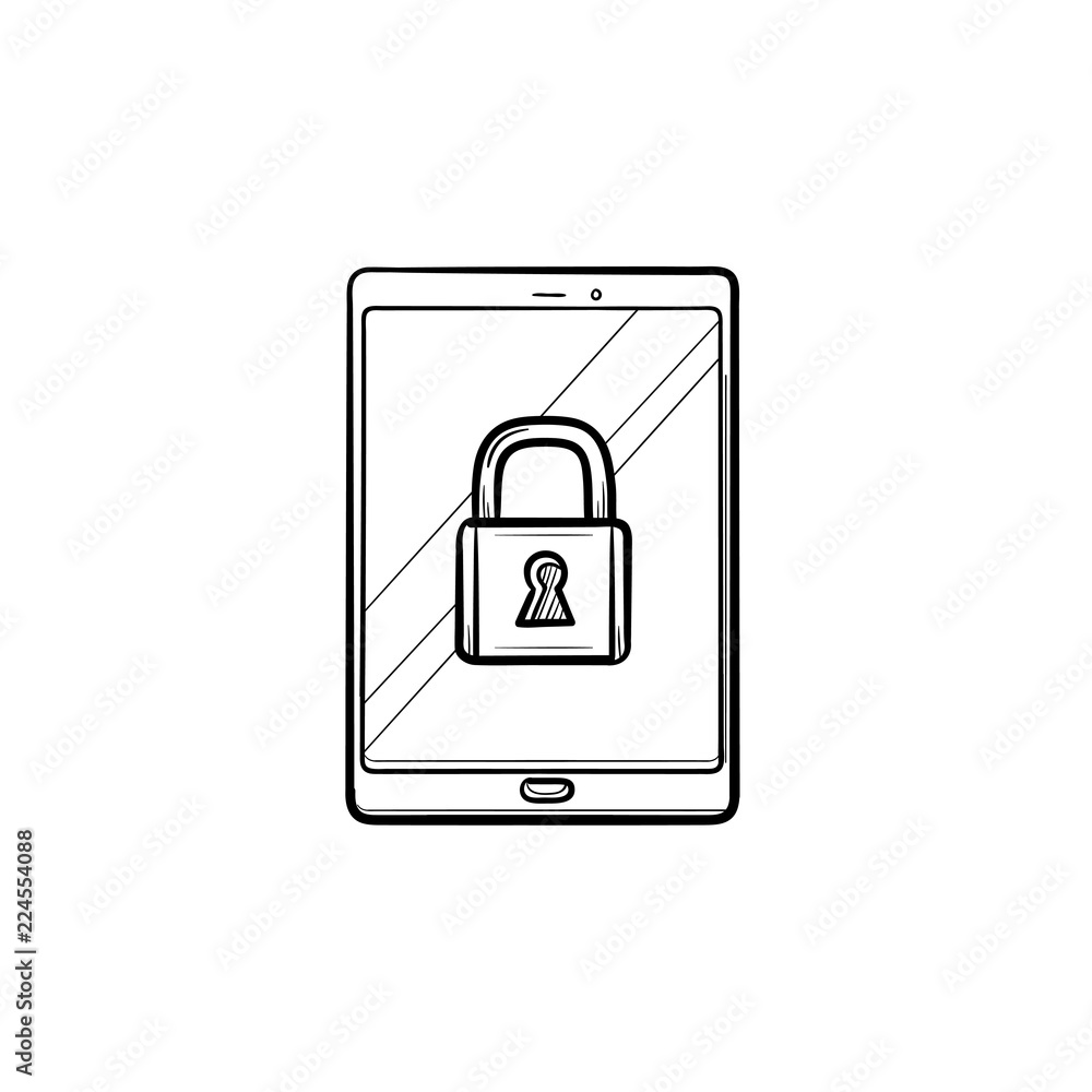 Digital tablet with padlock hand drawn outline doodle icon. Syber ...