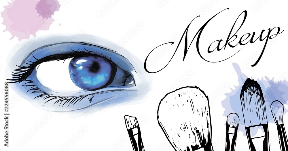 Vector hand drawn illustration of colorful women eye and makeup brushes ...
