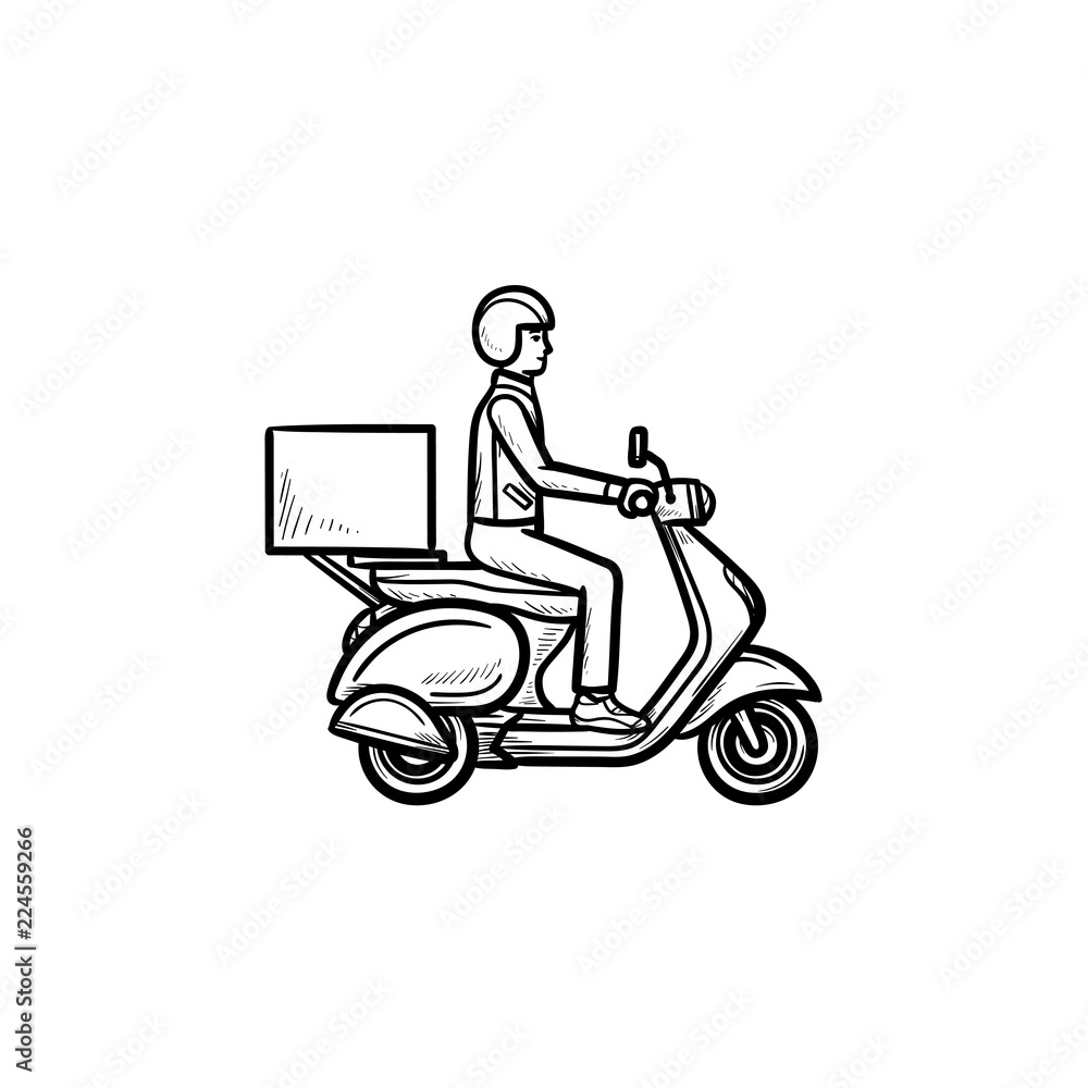 Employee riding delivery bike hand drawn outline doodle icon. Motorbike ...