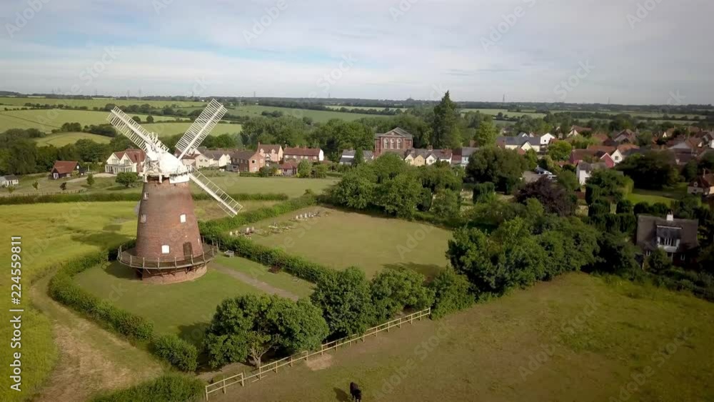Thaxted Village and windmill, Essex, England. 4k aerial video footage ...