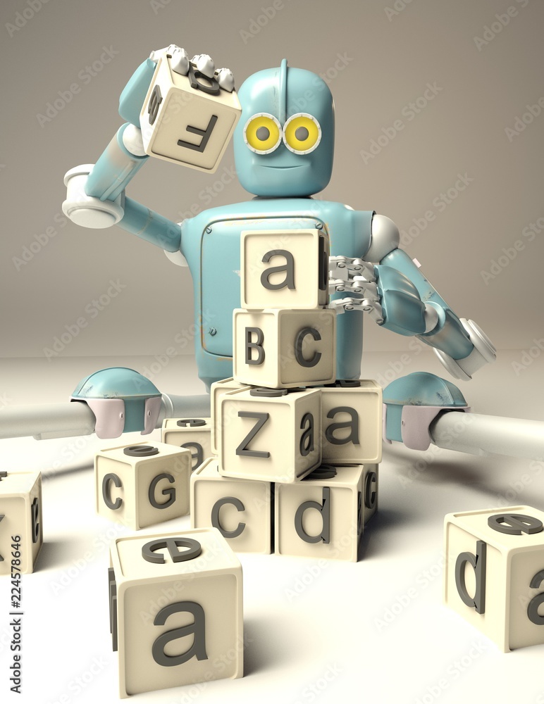 Retro Robot plays with wooden ABC cubes on floore. 3D rendering ...