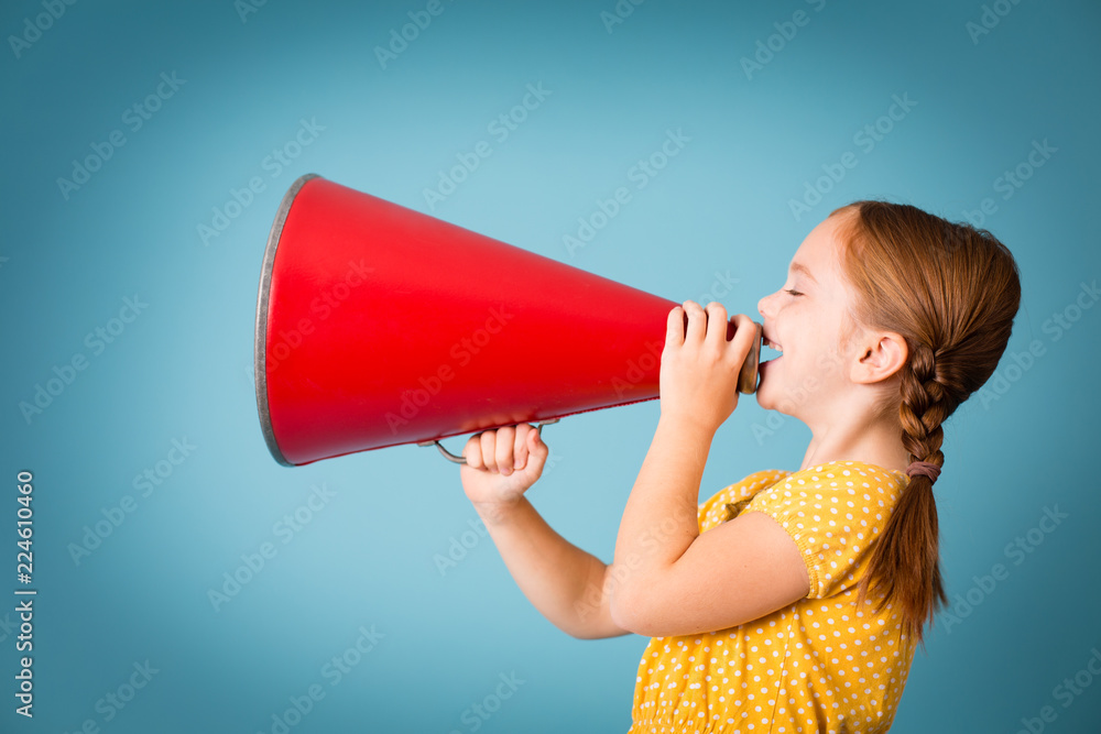 Girl Announcing with Megaphone, Isolated on Teal Stock Photo | Adobe Stock