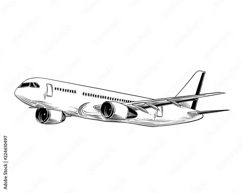 Hand drawn sketch of aircraft in black isolated on white background ...
