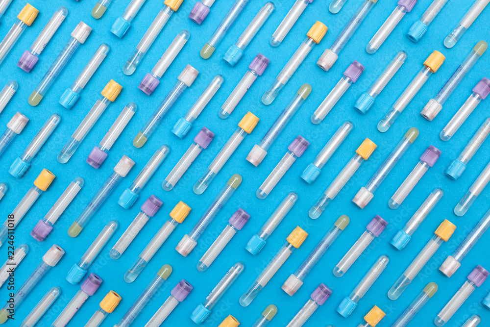 medicine test tubes blood for blue background 3d illustration. Flat lay ...