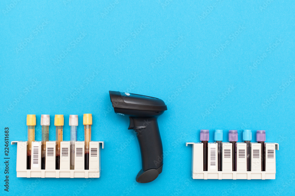 medicine test tubes blood for blue background. Flat lay. medical tripod ...