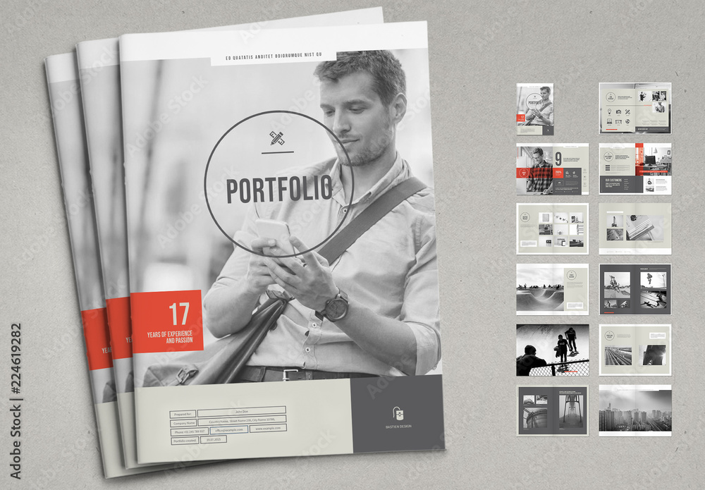 Portfolio Layout with Red and Gray Accents Stock Template | Adobe Stock
