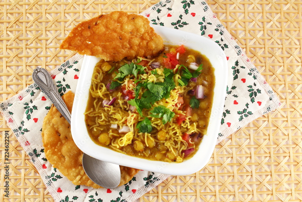 traditional indian gujarati food bhel snack or chaat sev usal or misal ...