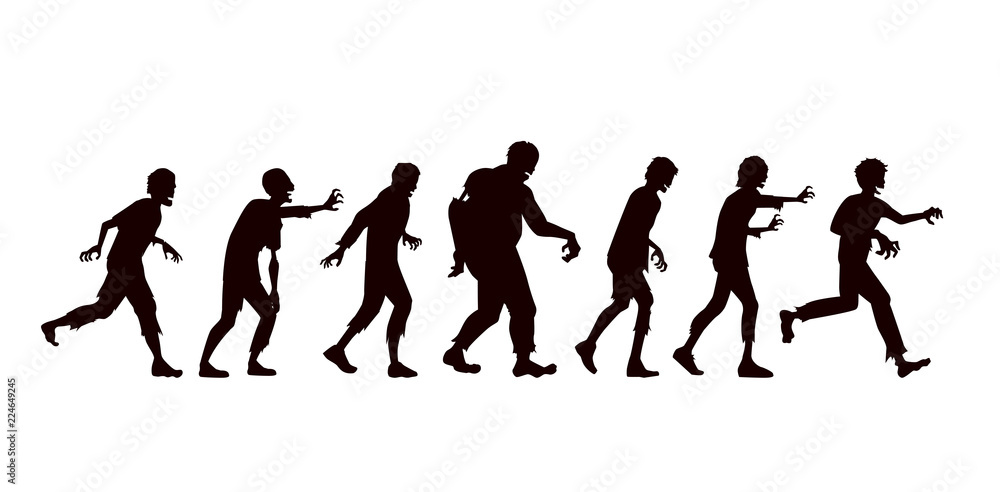 Silhouette Vector zombie group in side view walking on white background ...