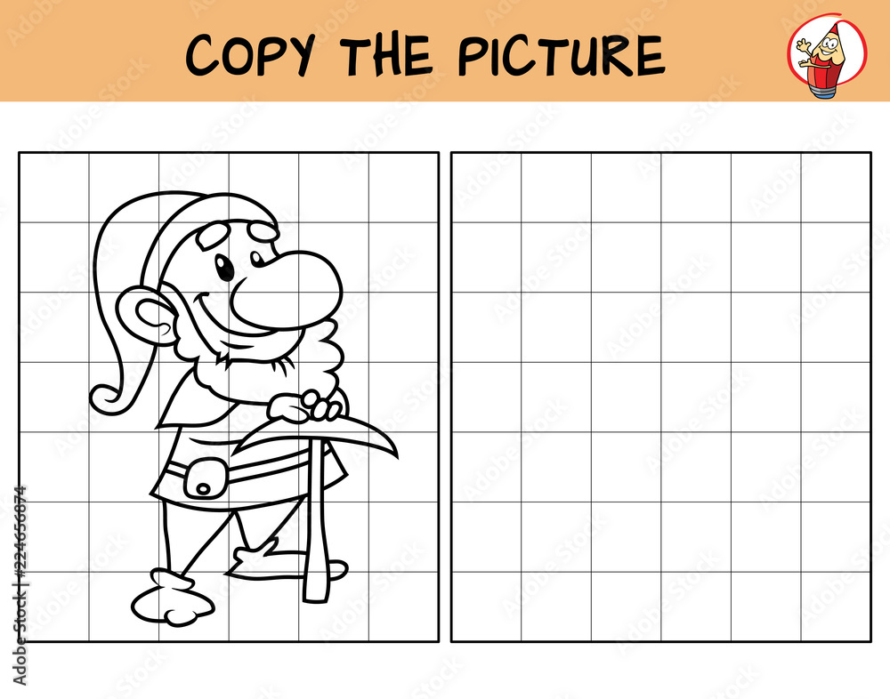 Funny dwarf miner with a pickaxe. Copy the picture. Coloring book ...
