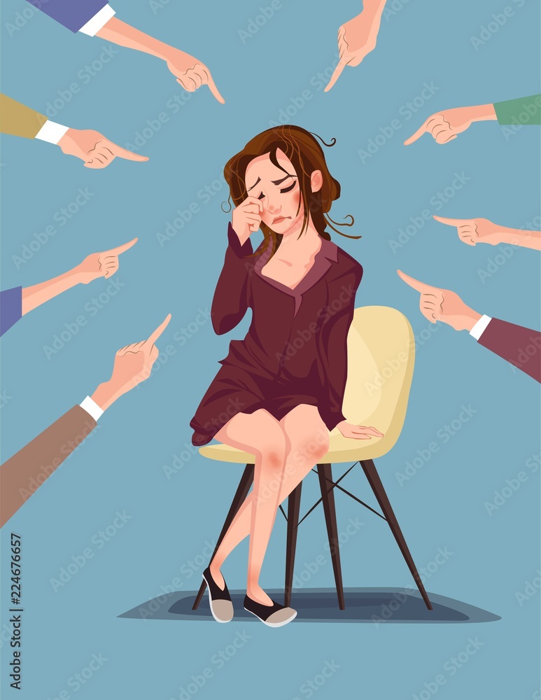 Sad or depressed young woman surrounded by hands with index fingers ...