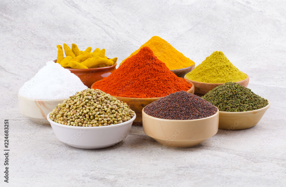 Indian Spices Collection Also Called Red Chili Powder, Turmeric Powder ...