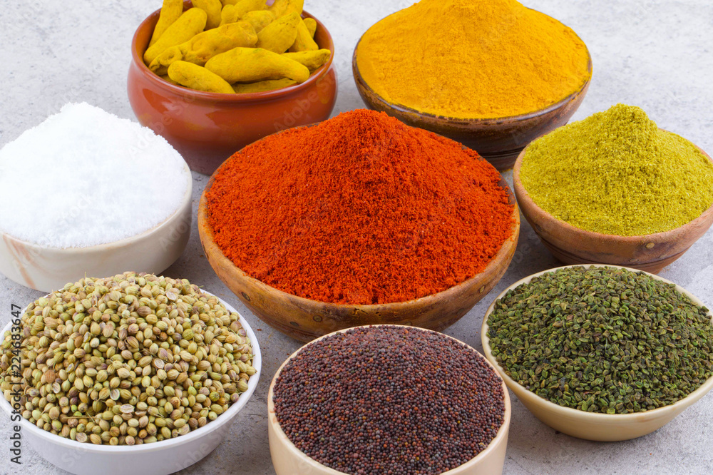 Indian Spices Collection Also Called Red Chili Powder, Turmeric Powder ...