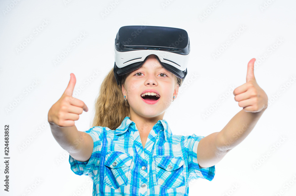 Kid girl with vr glasses. Little gamer concept. Child play virtual ...