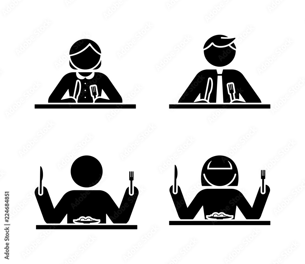 Stick figure eating icon set. Breakfast, lunch, dinner black and white ...