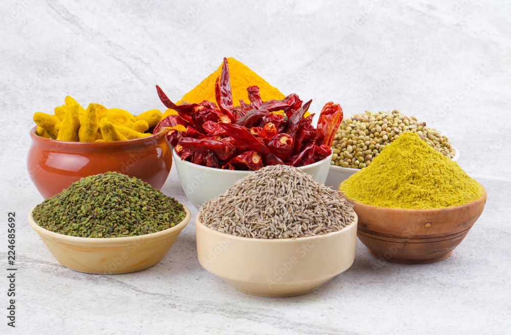 Indian Spices Collection Also Called Turmeric Powder, Coriander Powder ...