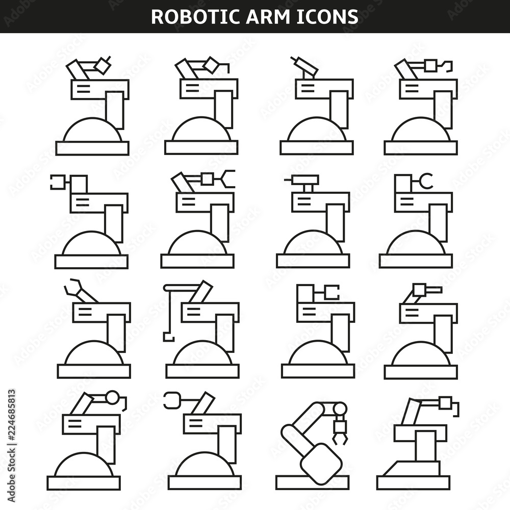 robotic arm and industrial robot icons set in line style Stock Vector ...