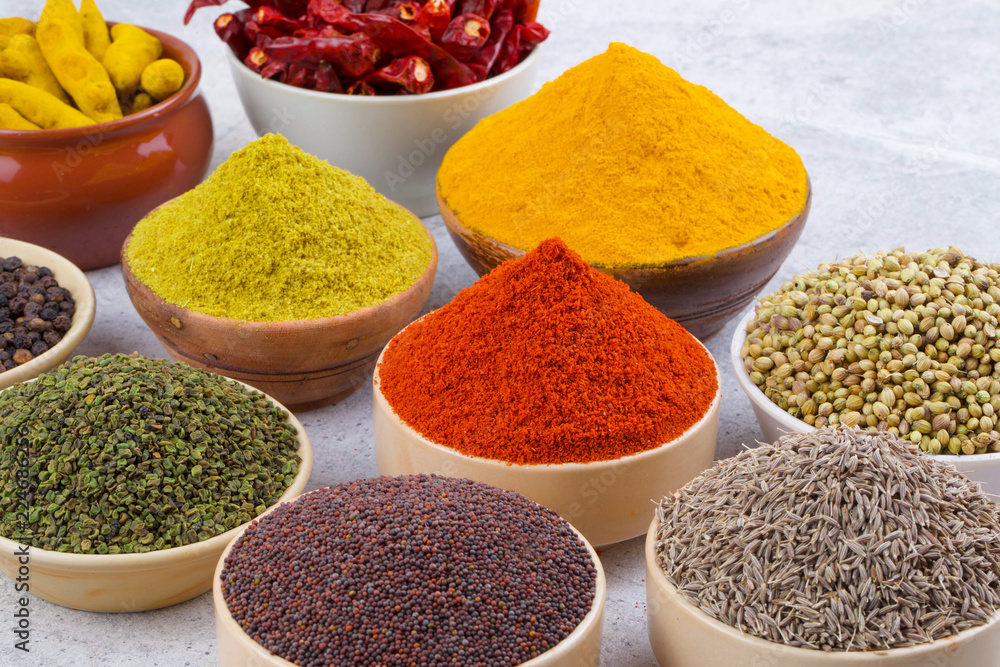 Indian Spices Collection Also Called Red Chili Powder, Turmeric Powder ...