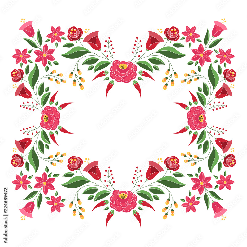 Hungarian folk pattern vector frame. Kalocsa embroidery floral ethnic ...