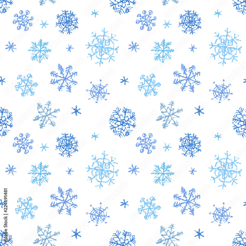 Christmas snowflake hand drawing blue seamless pattern on white. Like ...