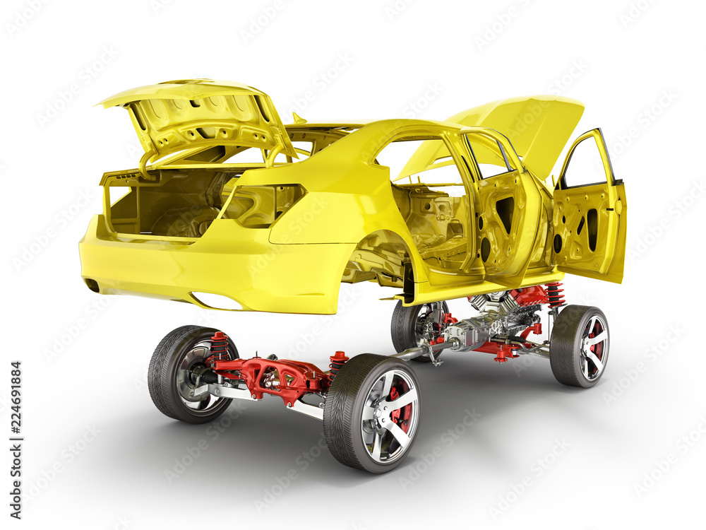 Body and suspension of the car with wheel and engine Undercarriage with ...