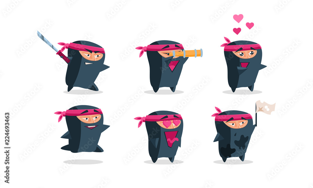 Flat vector set of funny ninja in different situations. Cute cartoon ...