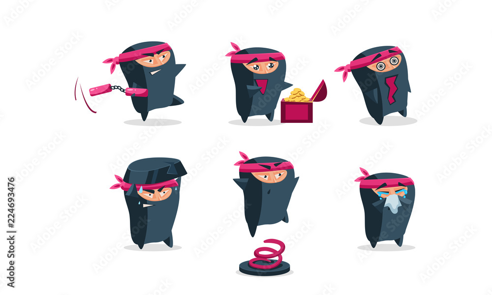 Flat vector set of funny ninja in different emotions: angry, happy ...
