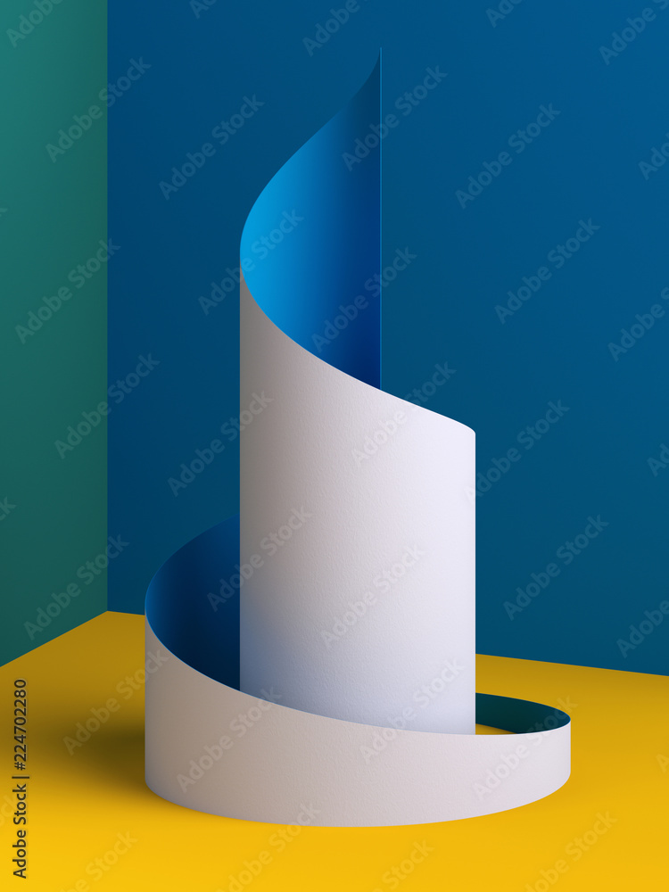3d render, paper roll shape, blue yellow creative background, blank ...