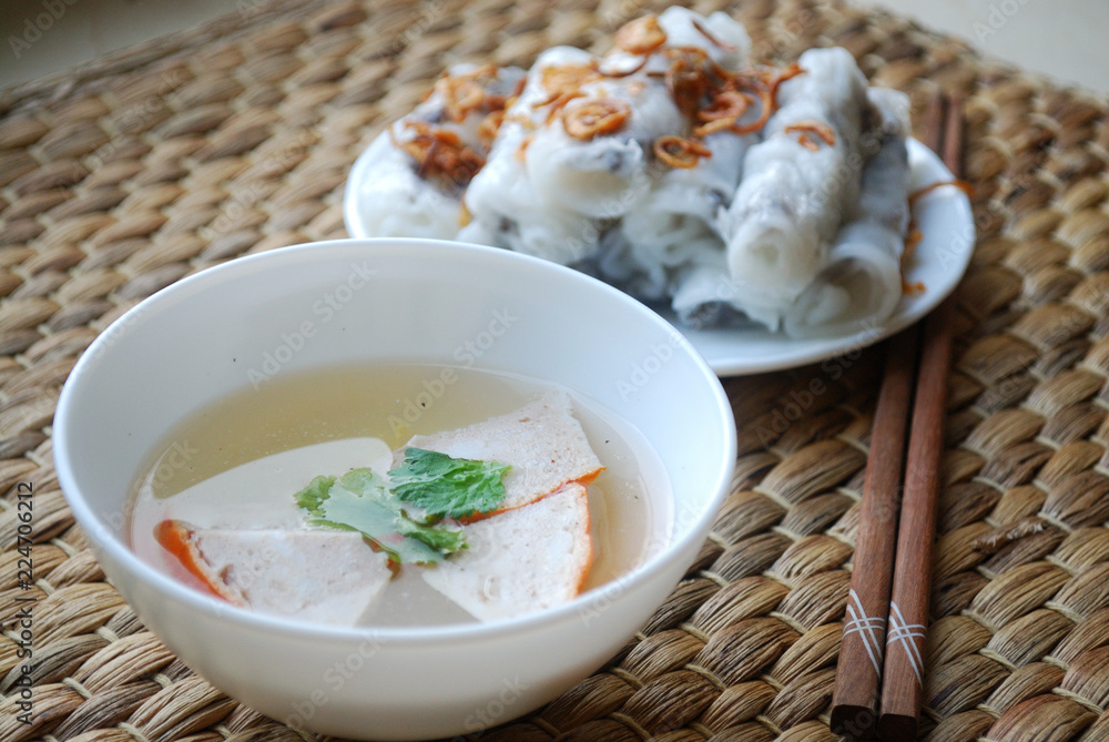 Banh cuon-vietnamese steamed rice rolls with minced meat inside and ...