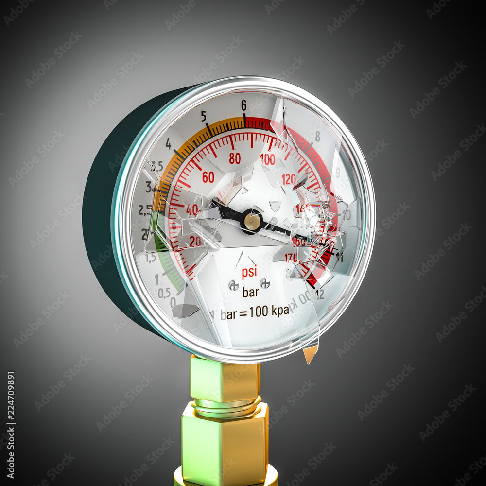 3d image of a classic pressure gauge for measuring pressure with broken ...