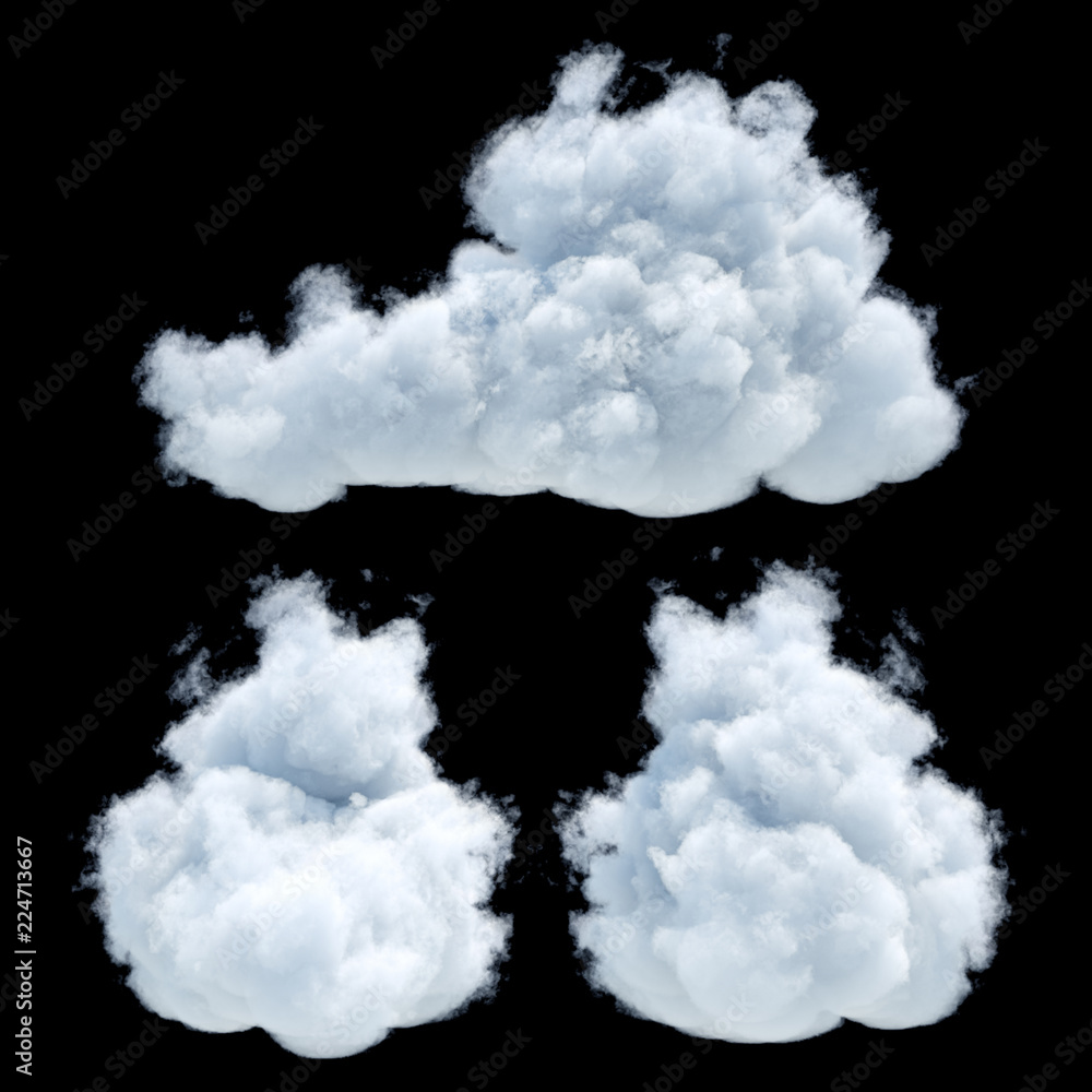 3d render, digital illustration, realistic clouds isolated on black ...