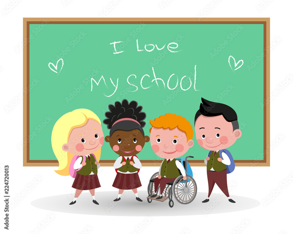 cute smiling students of primary school, among them a disabled boy in a ...